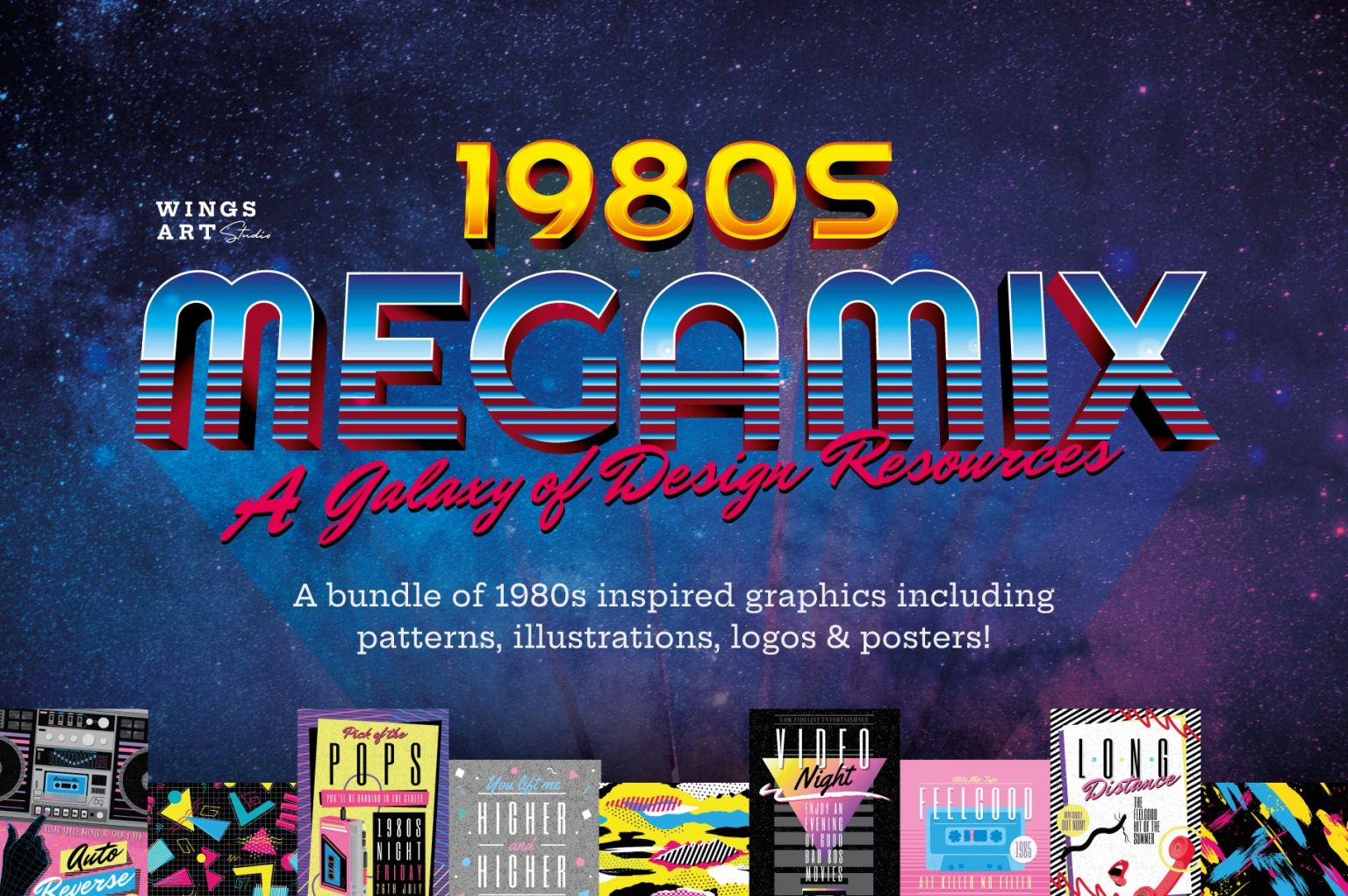 1980s Retro Graphics Bundle - Patterns, Logos & Poster Templates