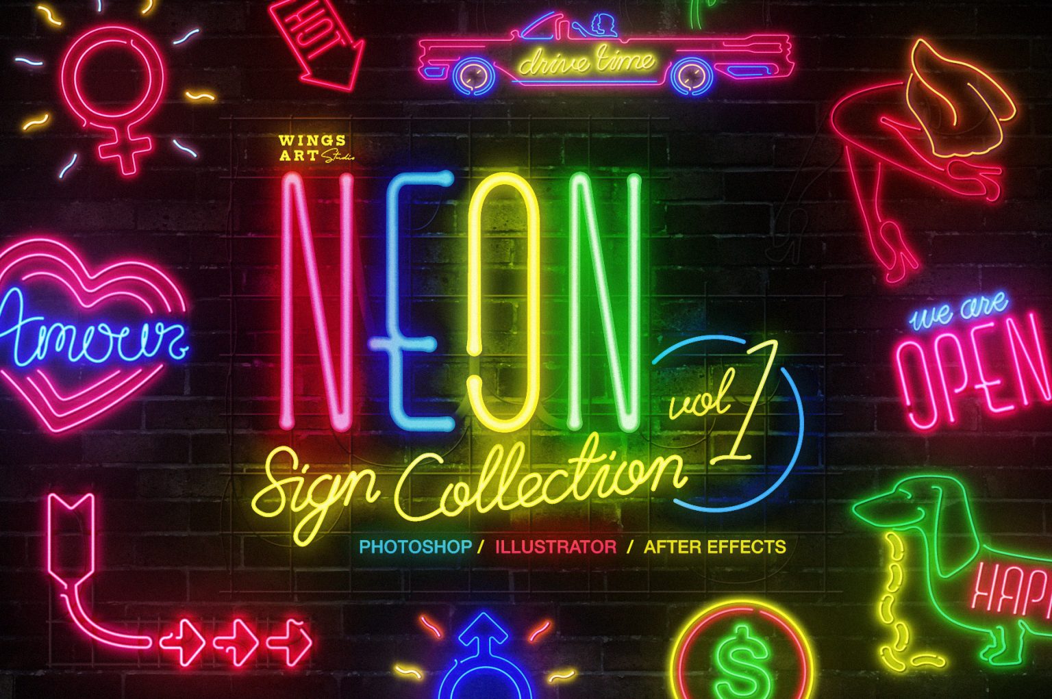 Retro Neon Sign Graphic Templates for Photoshop & After Effects